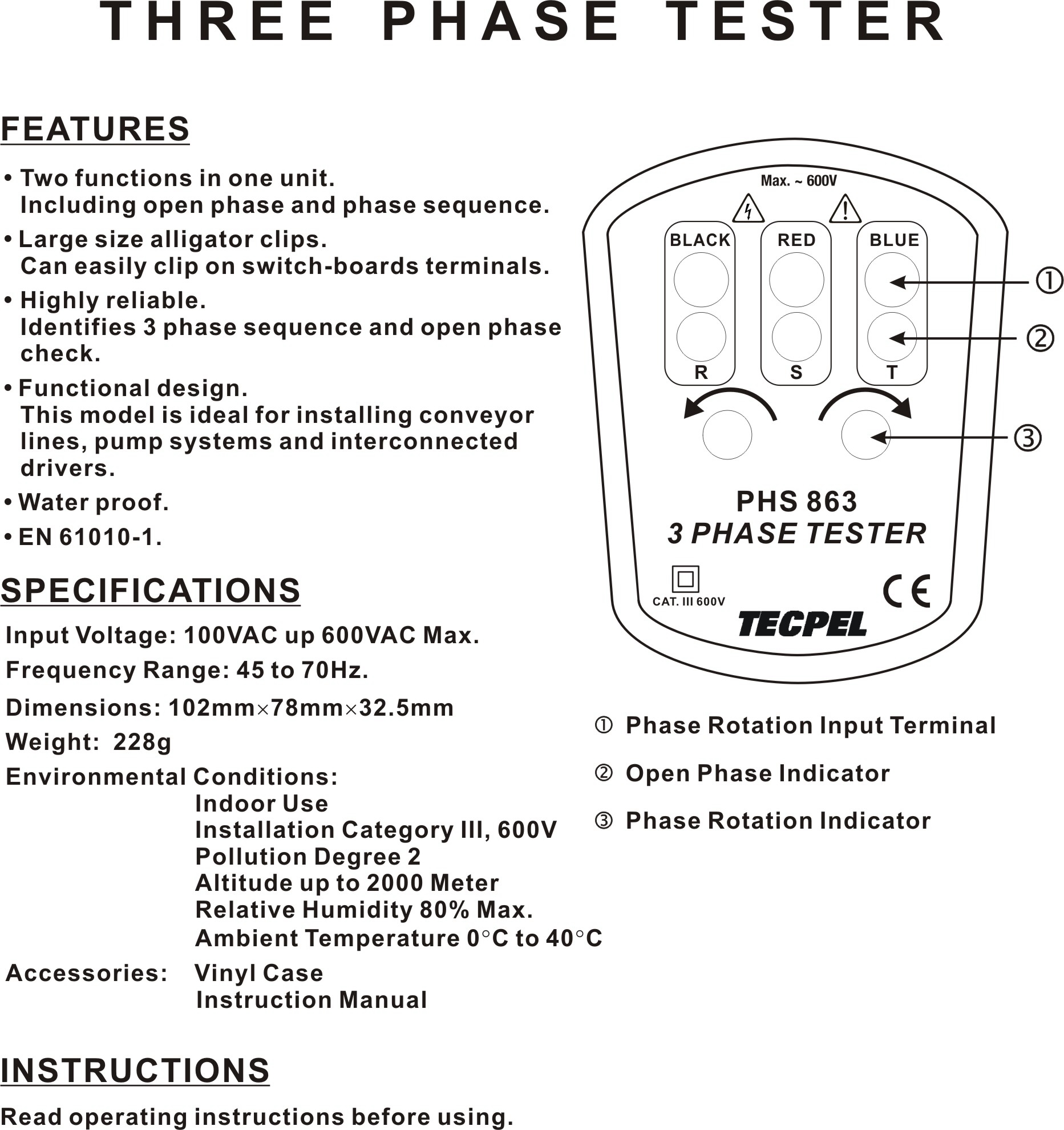 Phase Sequence Indicator, Three phase tester |TECPEL Test and measurement